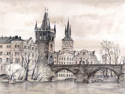 Charles Bridge in art stock illustration. Illustration of built - 10216080