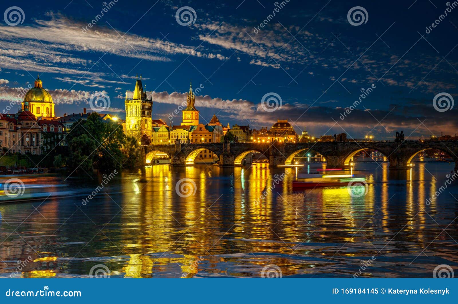 Charles Bridge at night stock image. Image of night - 169184145