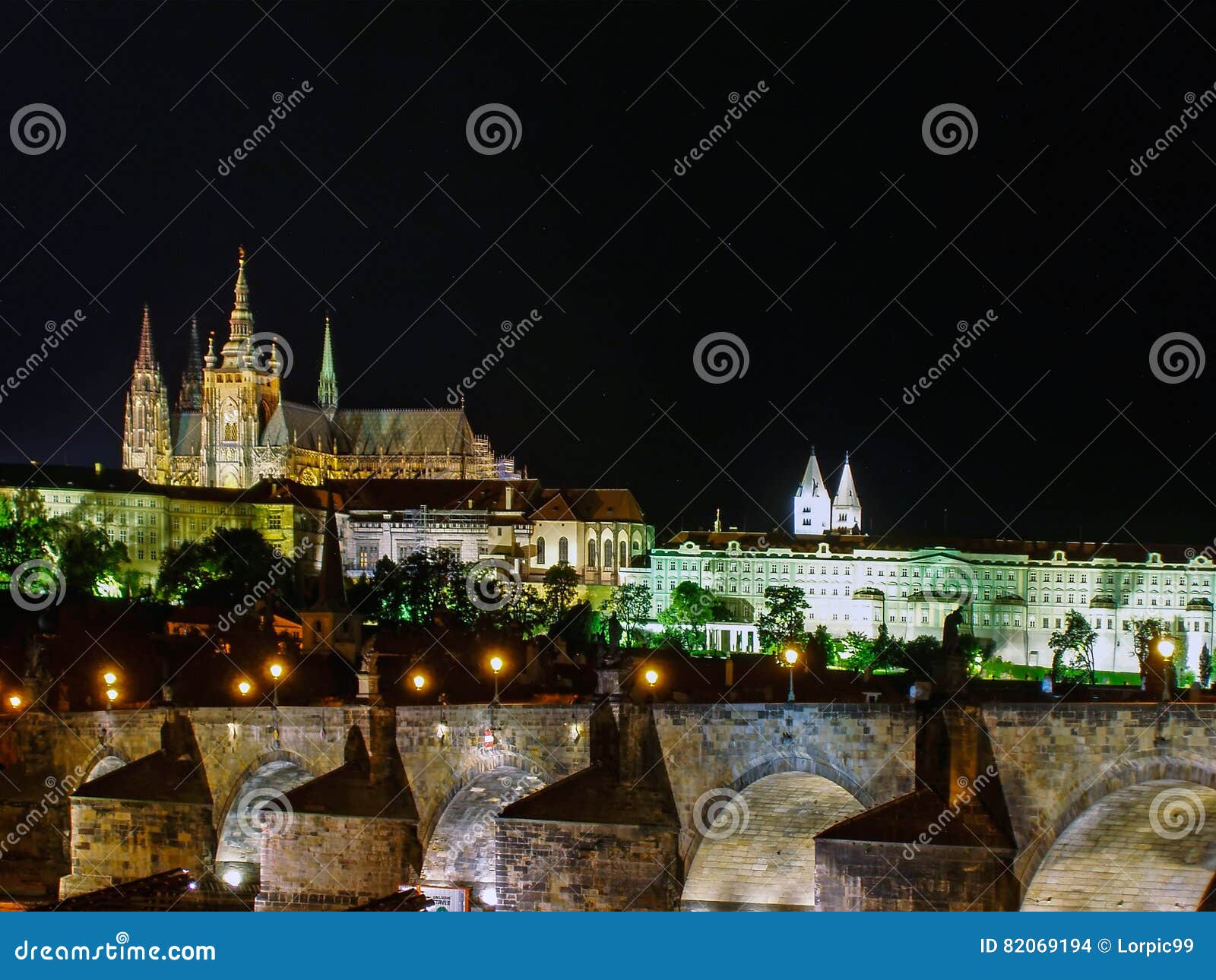 Charles Bridge at Night, Prague Stock Photo - Image of republic, lights ...