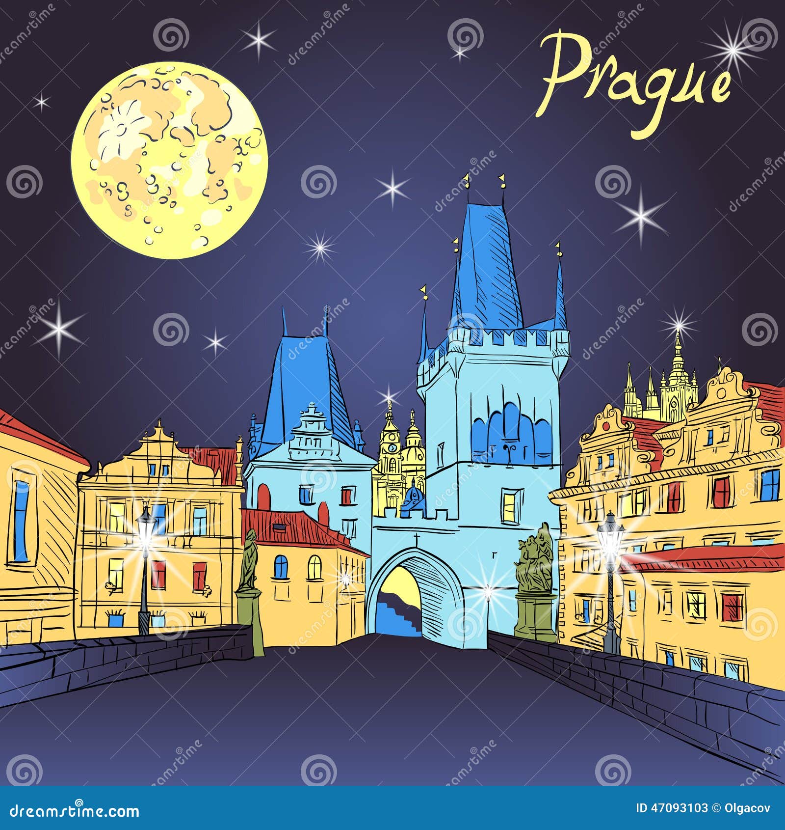 Charles Bridge in Prague (Czech Republic) at Night Lighting Stock ...