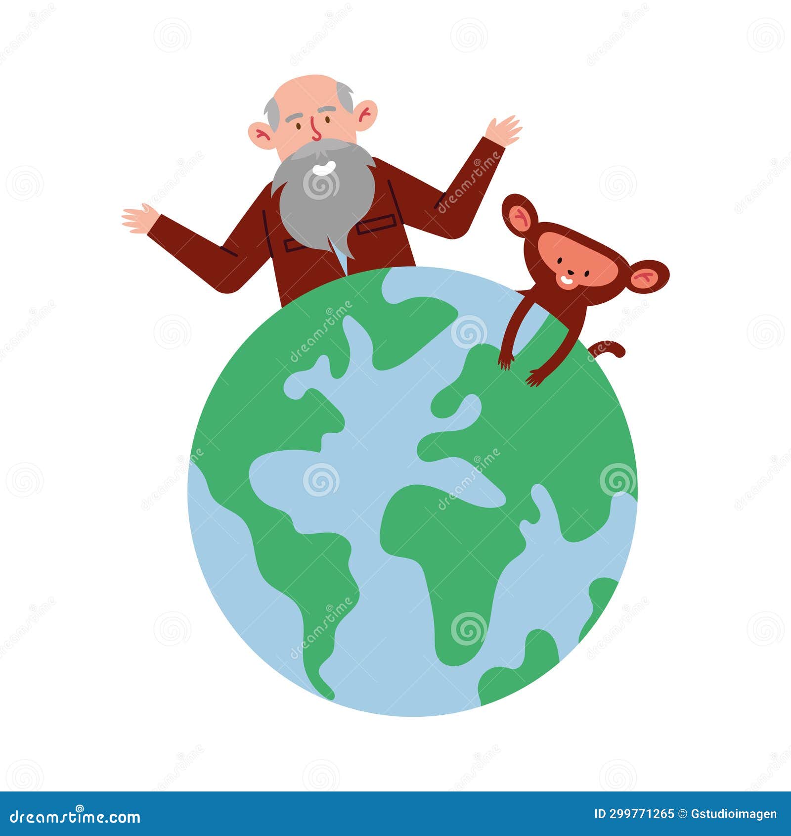 Charles Darwin with a Monkey on Top of the World Stock Illustration - Illustration of isolated ...