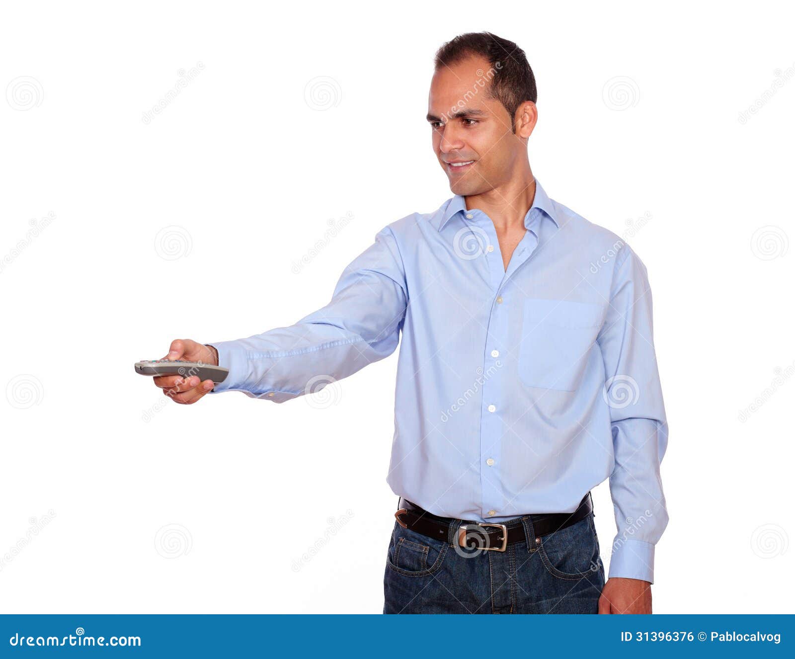 Charming Adult Man Pointing with Remote Control Stock Photo - Image of ...