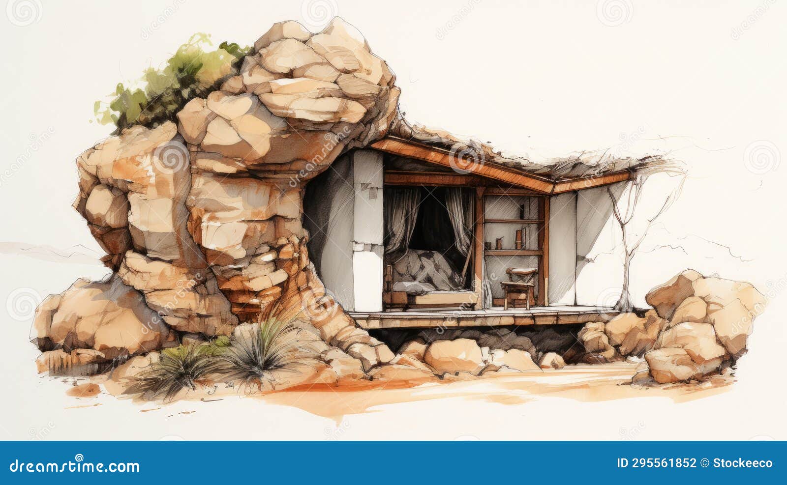 Charming Adventure-themed Sketch of a Rock House with Cave Stock ...