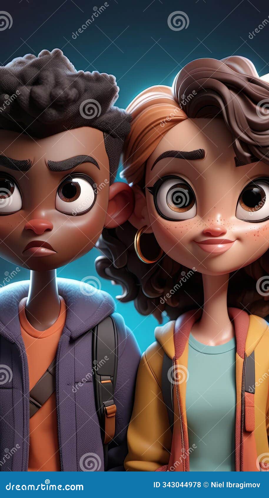 Charming Animated Characters with Expressive Faces and Curls Stock ...