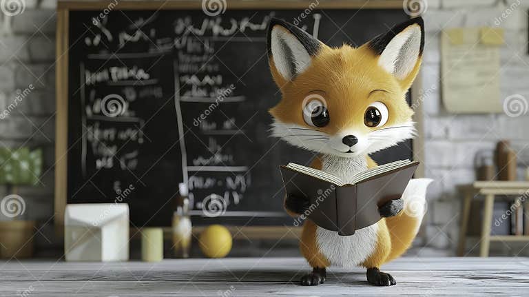 Cute Animated Fox Reading a Book in a Classroom Stock Illustration ...