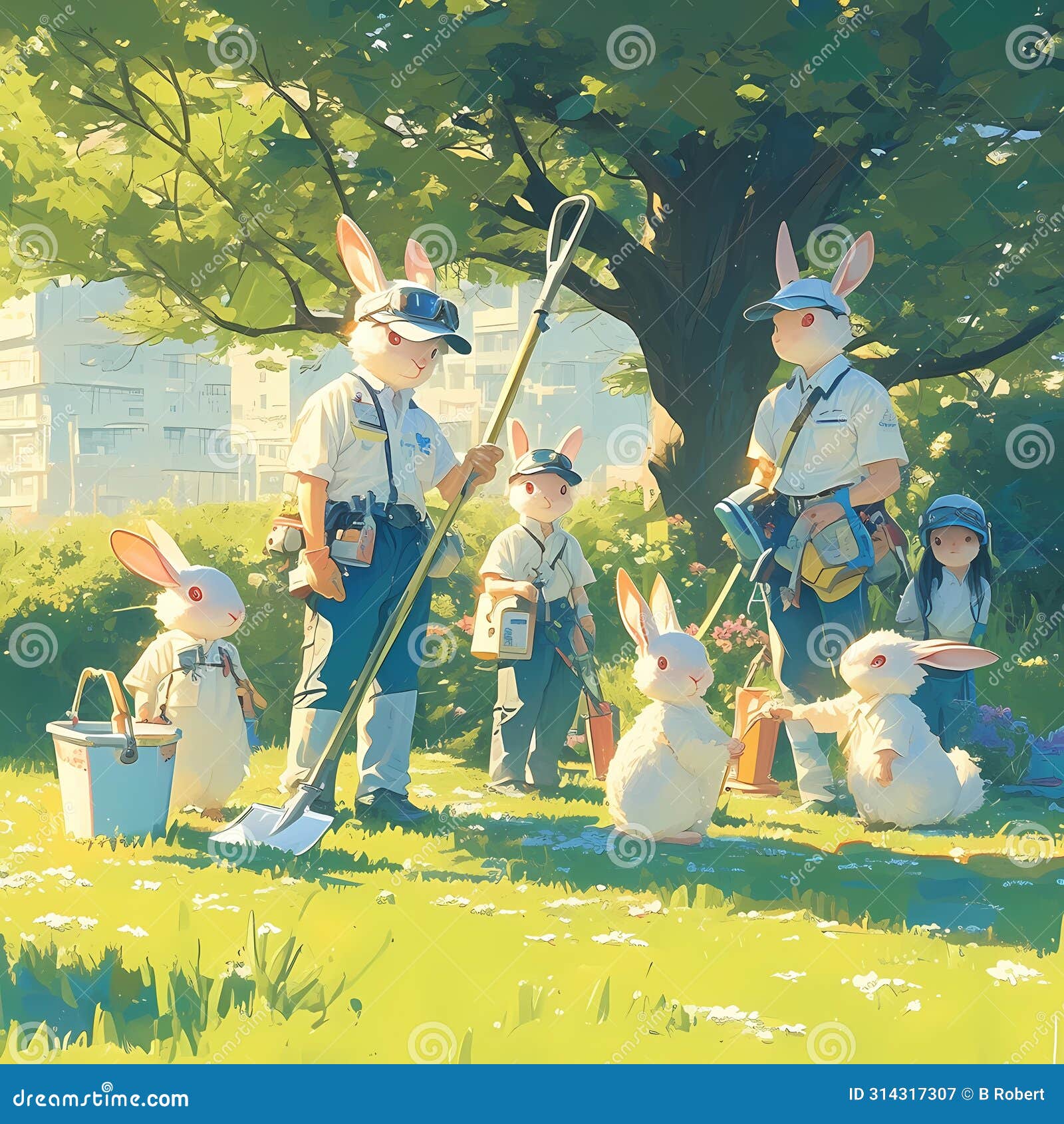 Anime-style Illustration of a Rabbit Construction Team. Stock ...