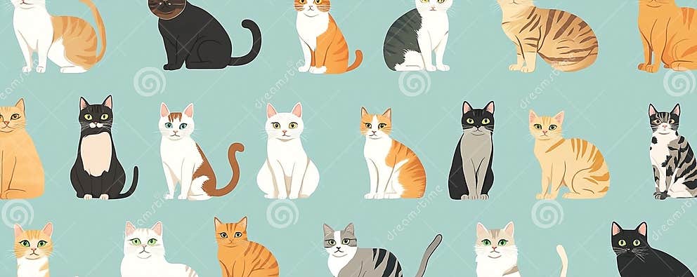 A Charming Array of Cartoon Cats with Varied Patterns and Poses on a ...