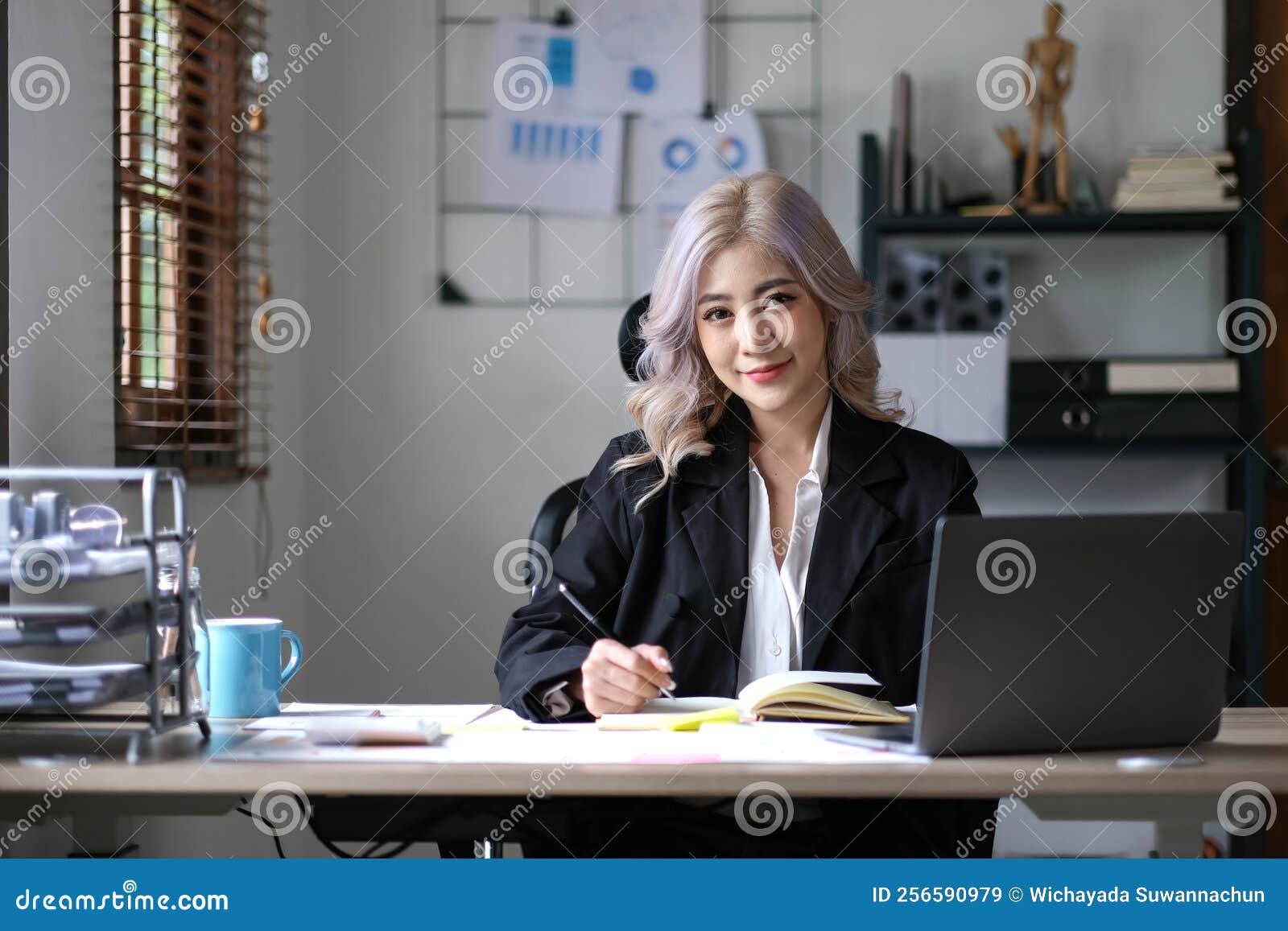 Charming Asian Woman Working at the Office Using a Laptop Looking at ...