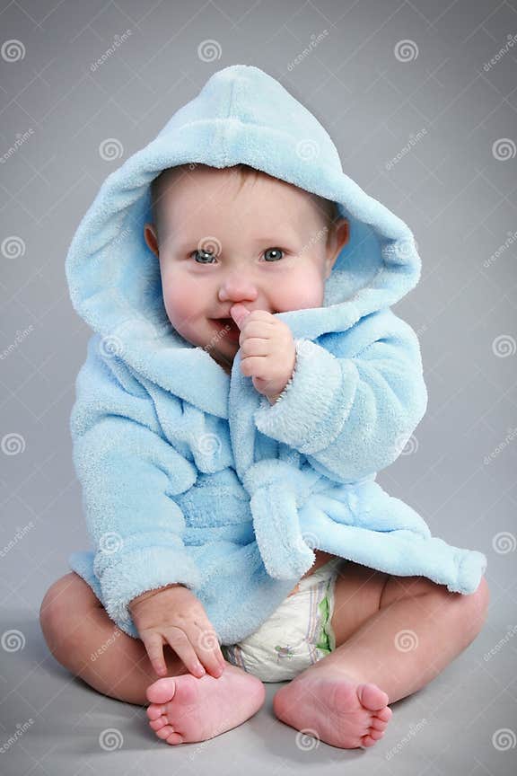 Charming Baby in a Blue Bathrobe Stock Photo - Image of childhood ...