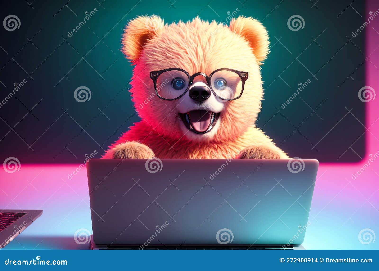 Charming Bear in Glasses with Open Mouth Sitting at Laptop. Generative ...