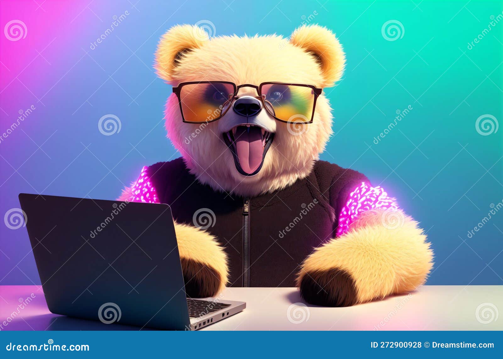 Charming Bear in Glasses with Open Mouth Sitting at Laptop. Generative ...