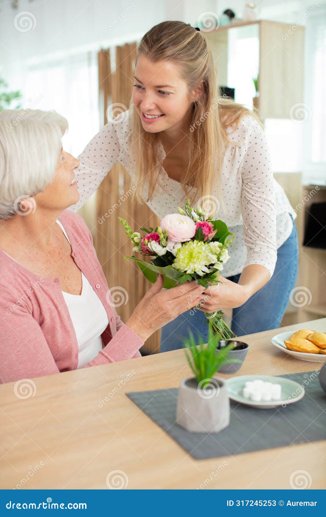Charming Blonde Lady Smiling To Mum Stock Image - Image of happy ...