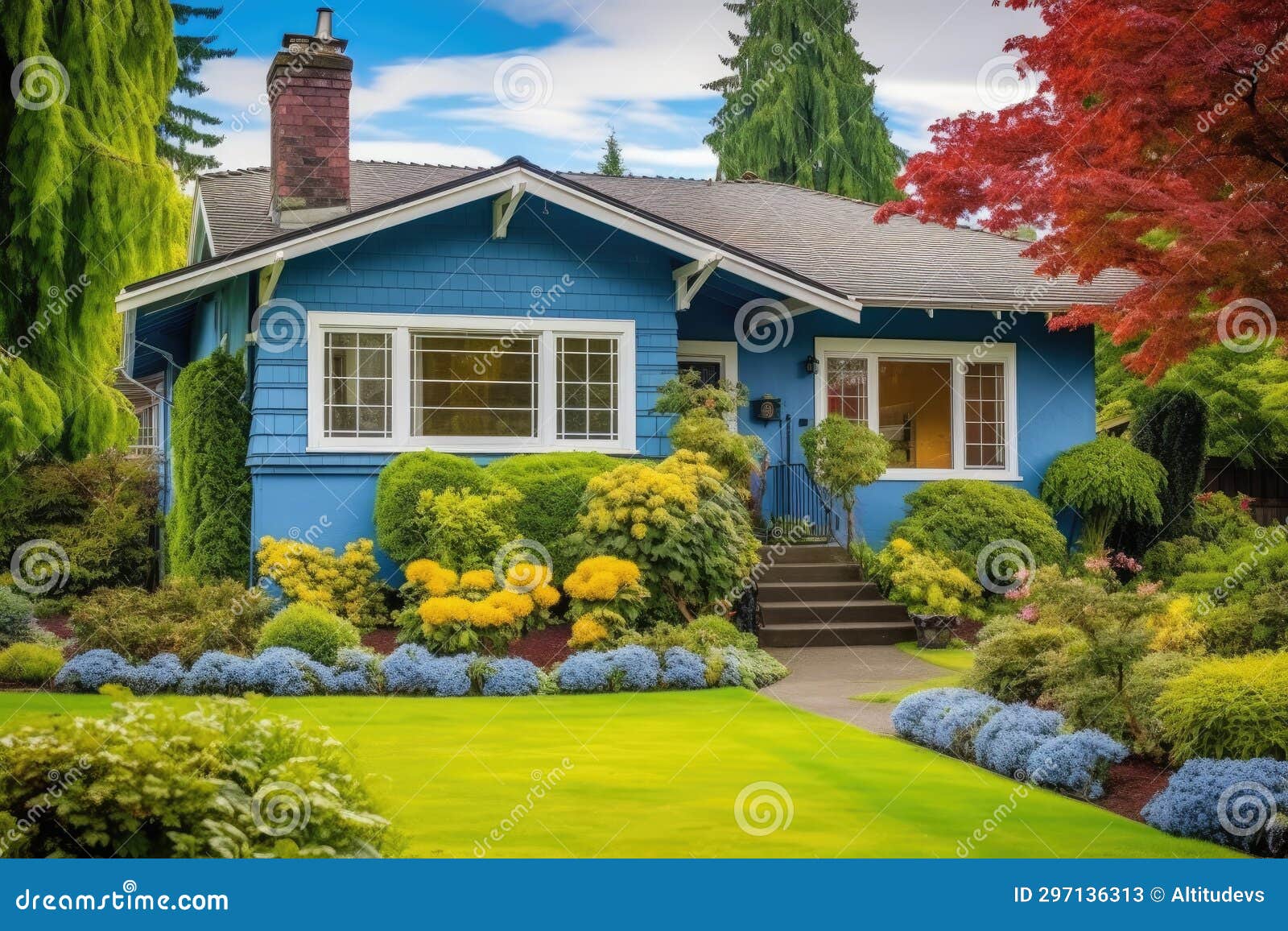 A Charming Blue Home with a Lush Front Yard Stock Image - Image of lush ...