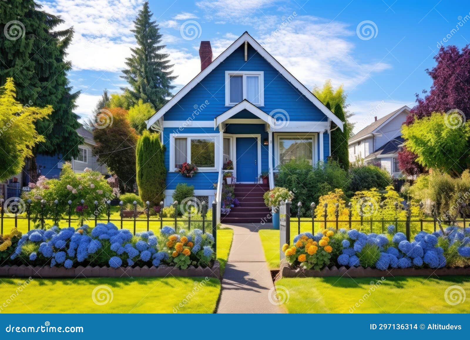 A Charming Blue Home with a Lush Front Yard Stock Photo - Image of real ...