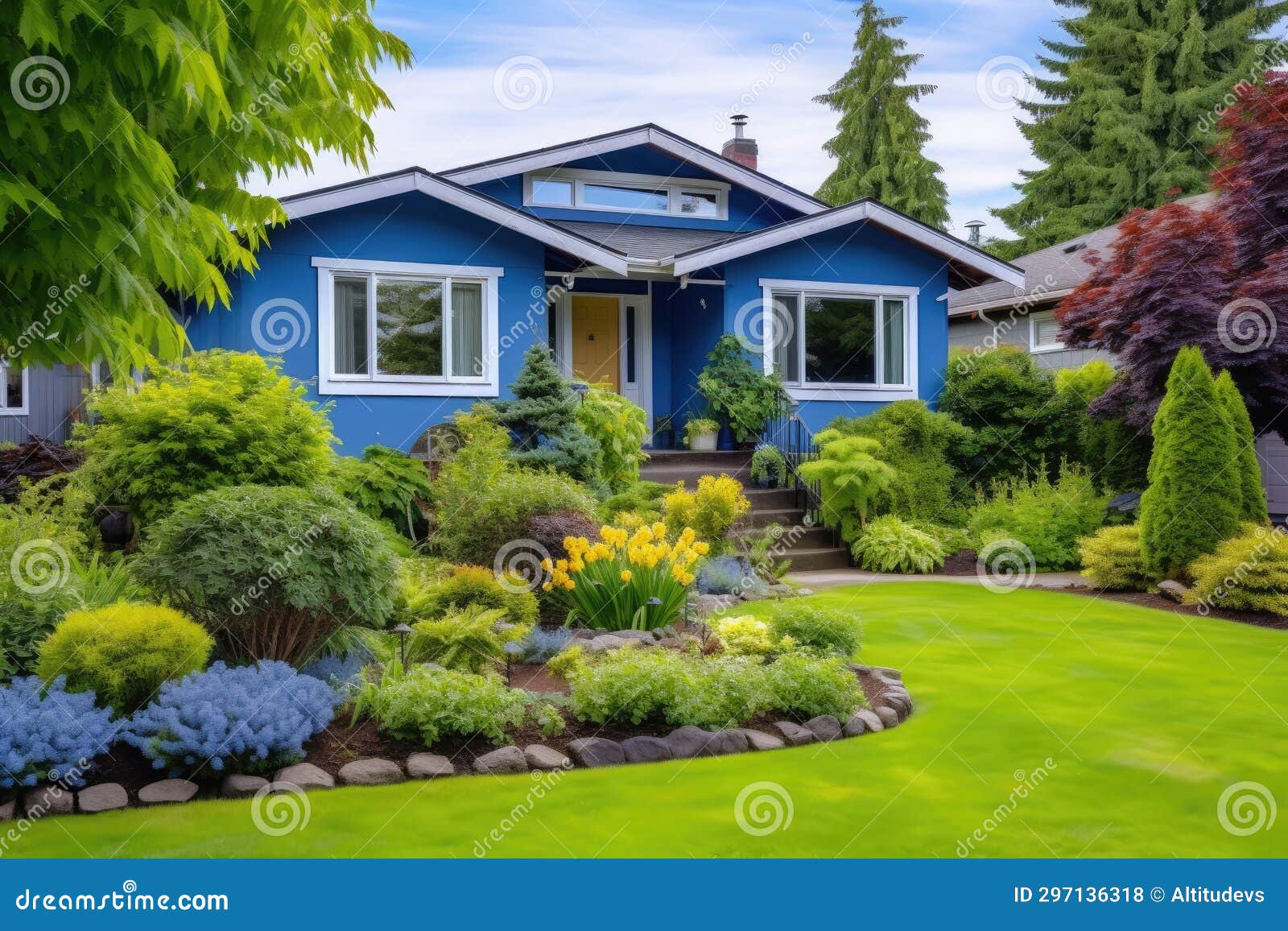 A Charming Blue Home with a Lush Front Yard Stock Photo - Image of ...