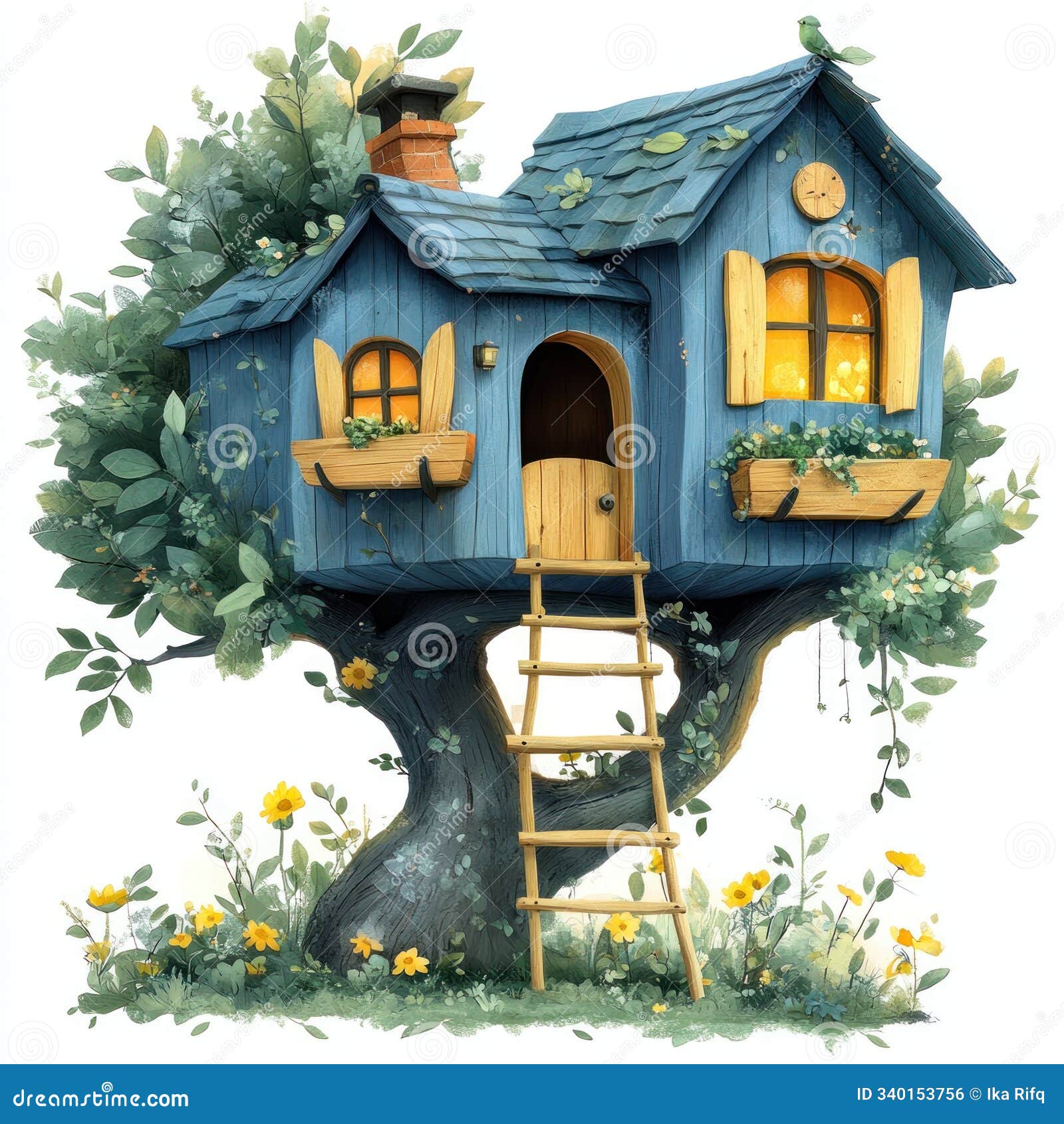 Charming Blue Treehouse with Yellow Flowers Illustration Stock Photo ...