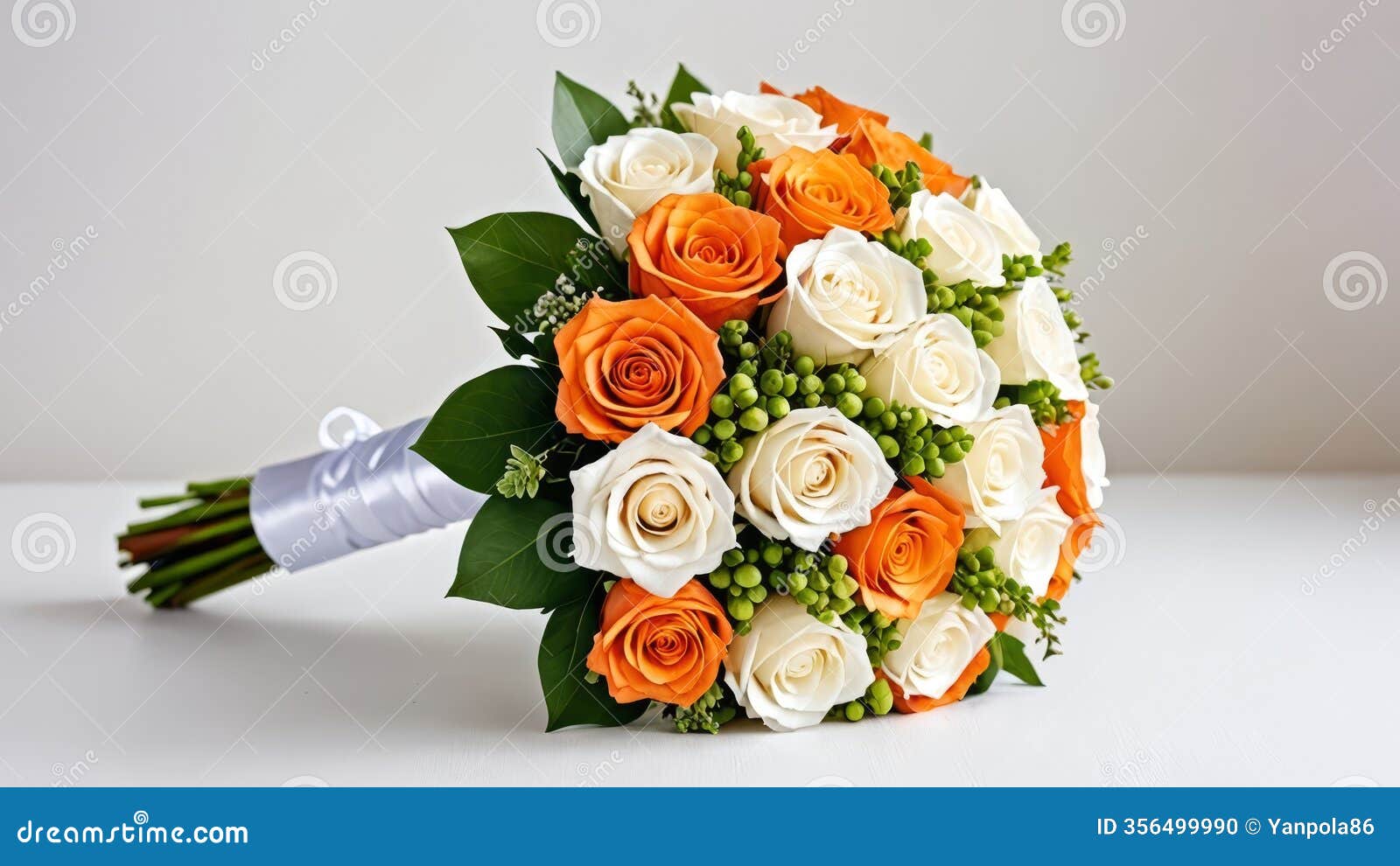 Charming Bouquet of Orange and White Roses with Greenery on a Light ...