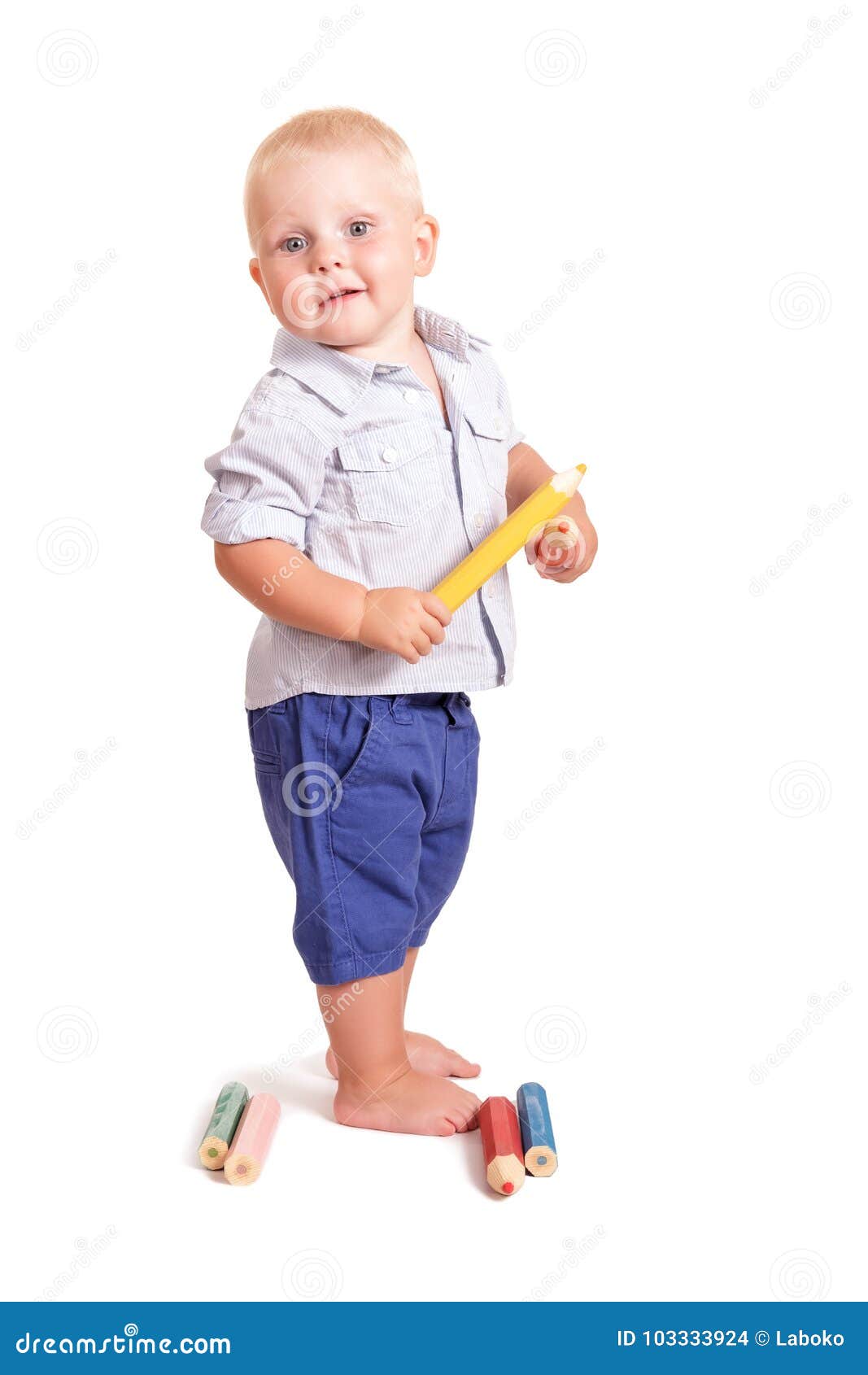 Boy Holds Two Large Pencil Isolated on White. Stock Photo - Image of ...