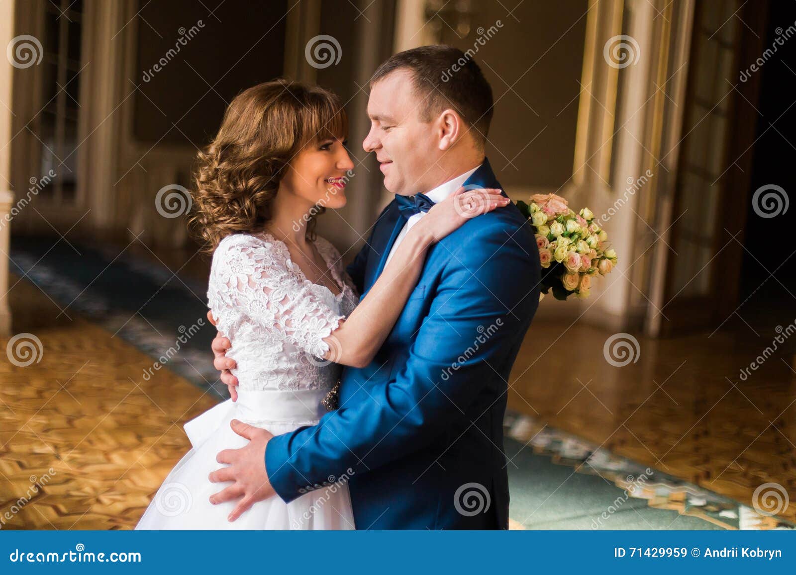 Charming Bride and Groom Lovely Embracing in Rich Interior Stock Image ...