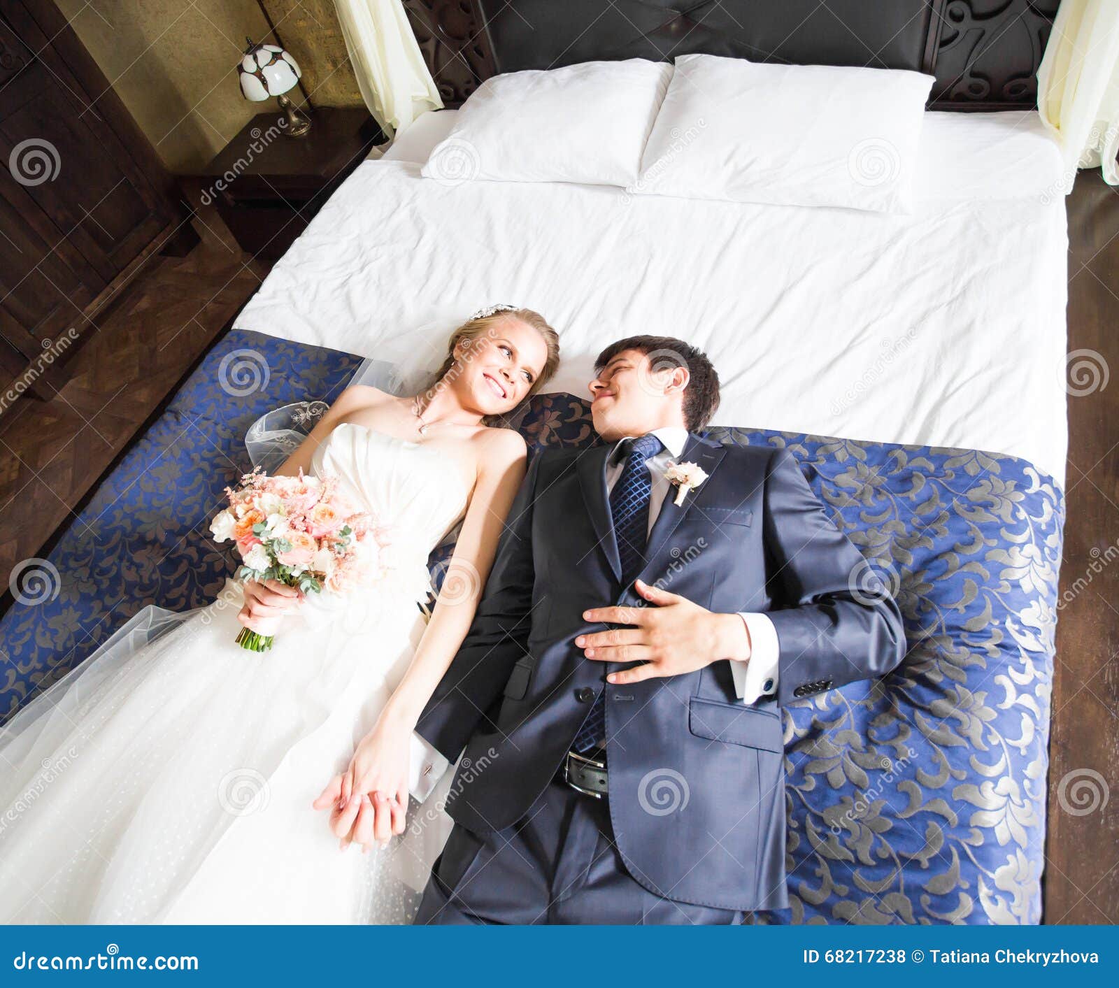 Charming Bride and Groom in Their Bedroom Stock Photo - Image of adult ...