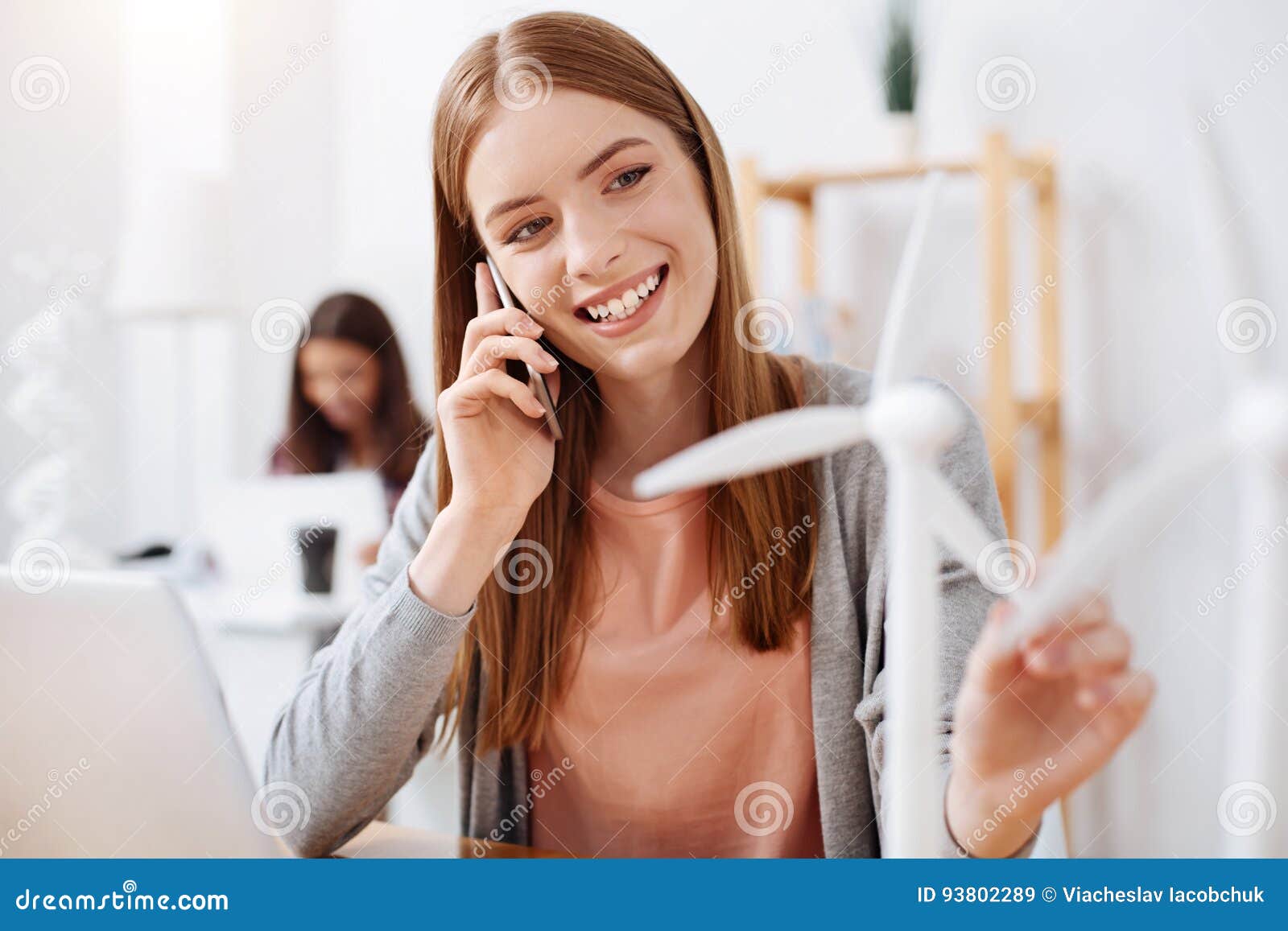 Charming Bright Woman Discussing Her Project with Partner Stock Image ...