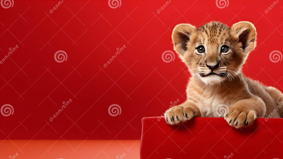 Animal Lion Cub Sitting on a Solid Red Background Stock Illustration ...