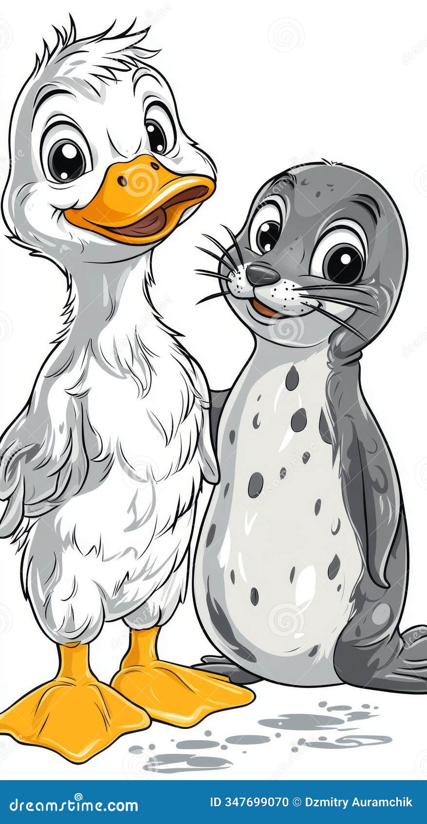 Charming Cartoon Duck Character in Both Color and Black-and-White Stock ...