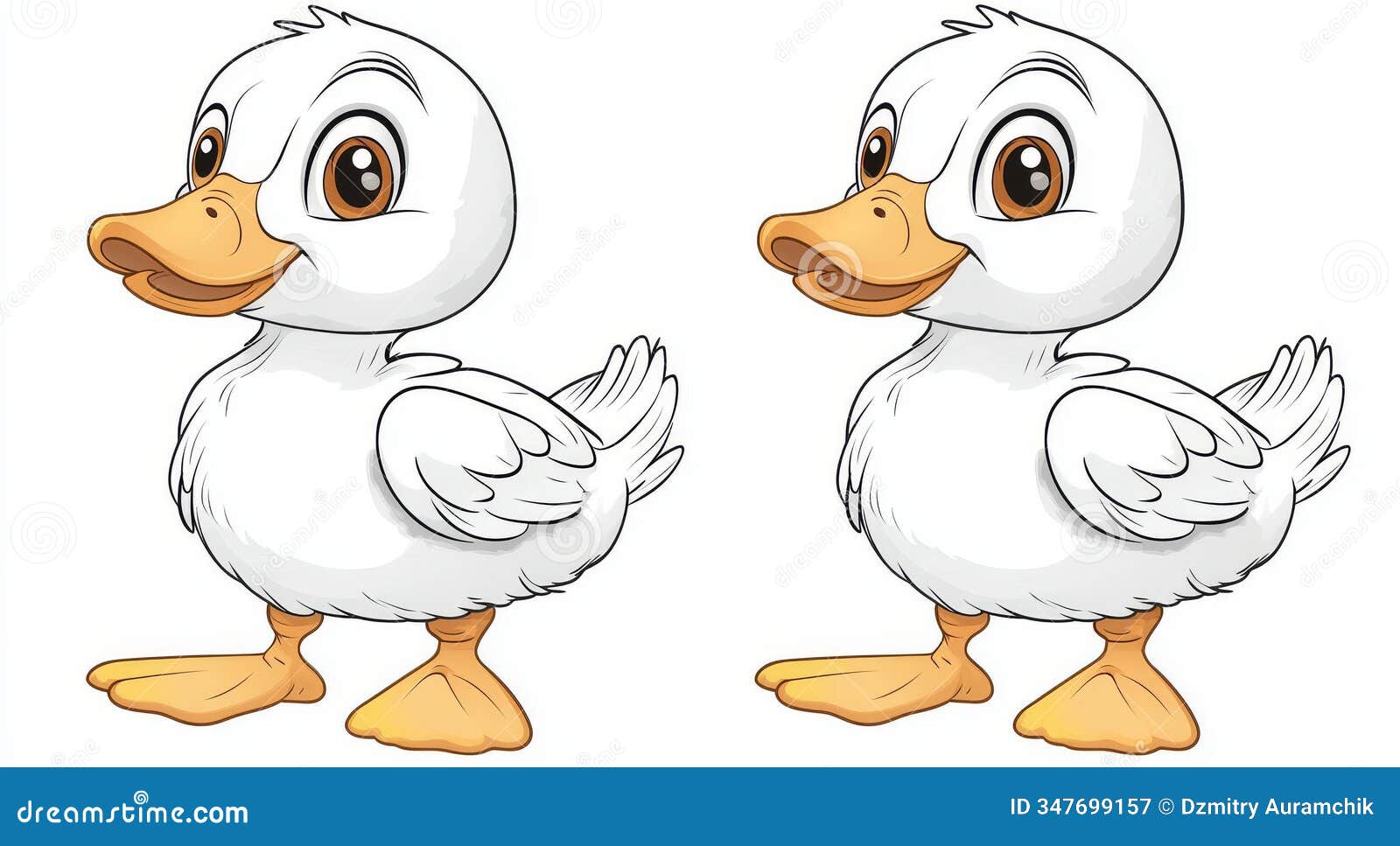 Charming Cartoon Duck Character in Color and Outline Drawing. Stock ...