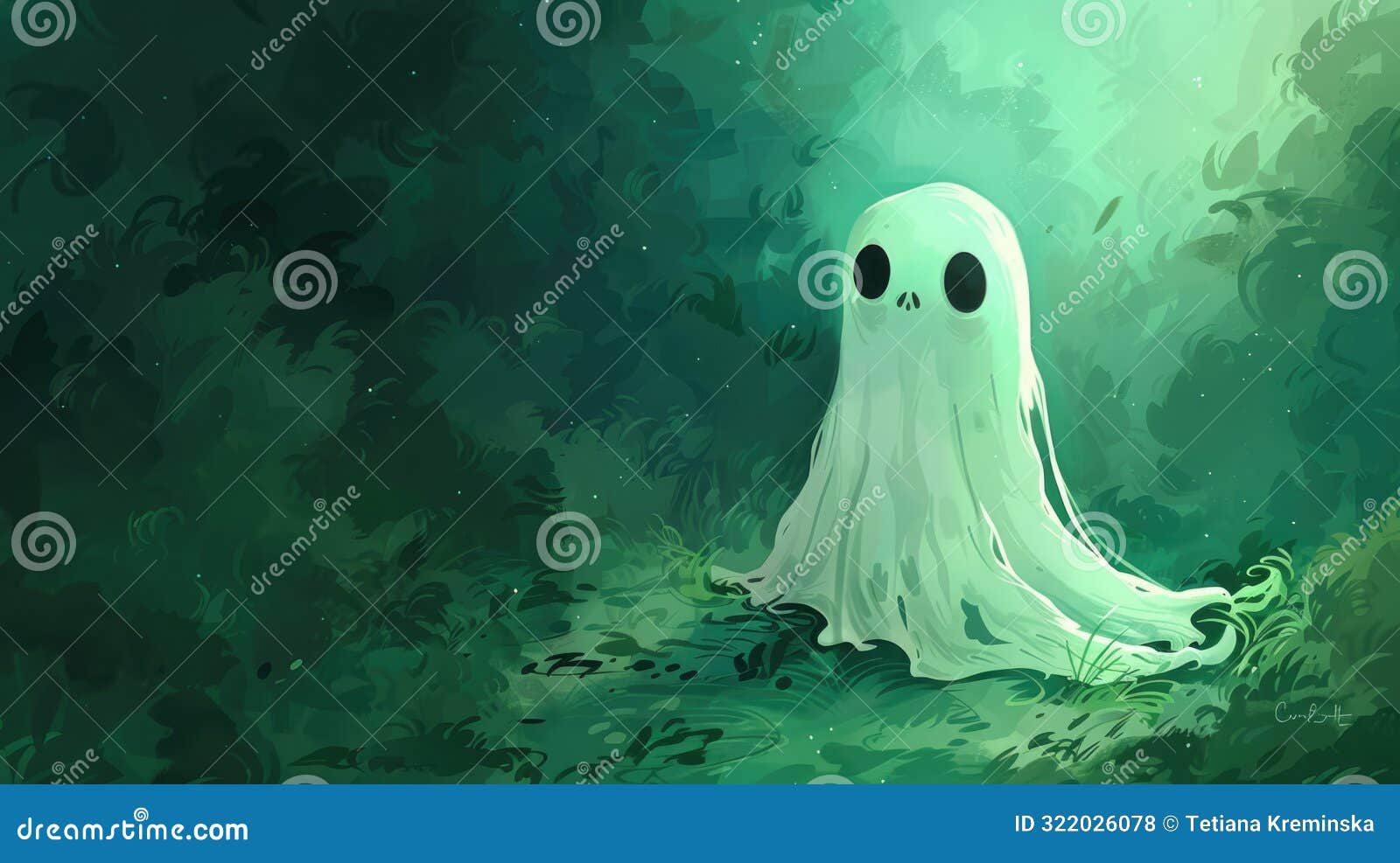 Charming Cartoon Ghost on a Green Background Stock Illustration ...