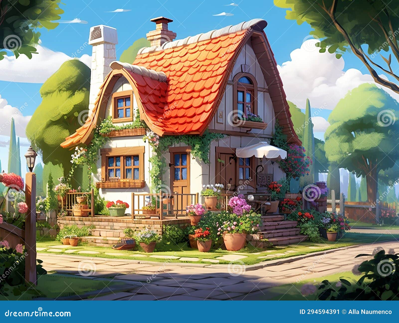 Charming Cartoon House with Garden Stock Illustration - Illustration of ...