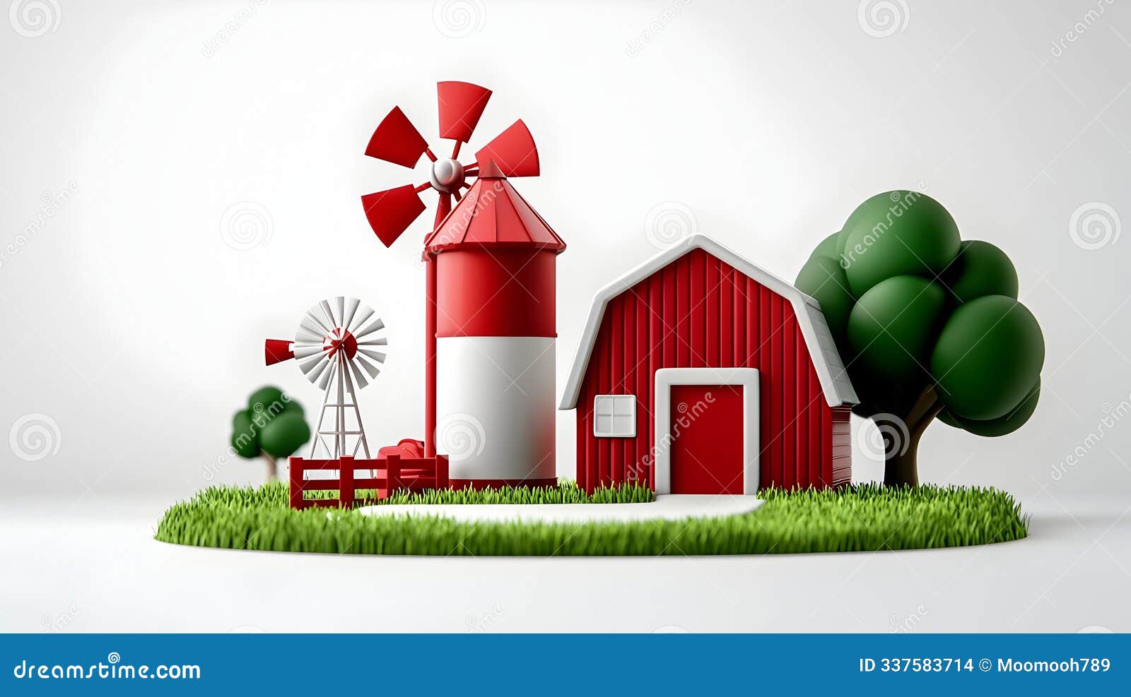 Charming Chibi Farm Scene with Silo Windmill and Barn on Clean White ...