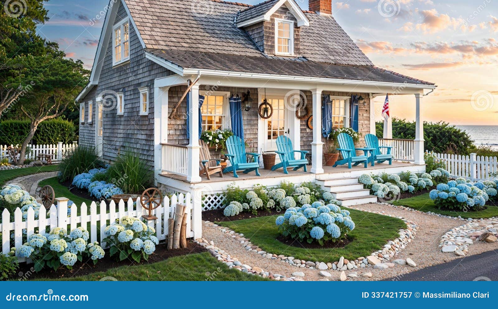 Charming Coastal Cottage with Hydrangea Garden at Sunset Stock ...