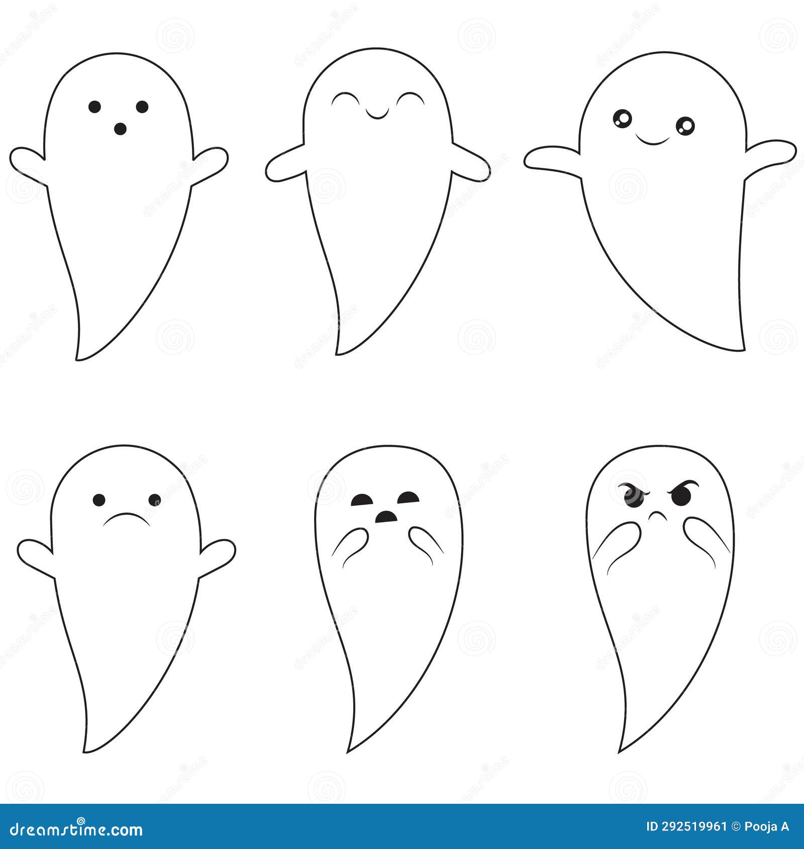 Simple Cute White Ghost Character Set of 6, Simple Flat Ghosts, Vector ...