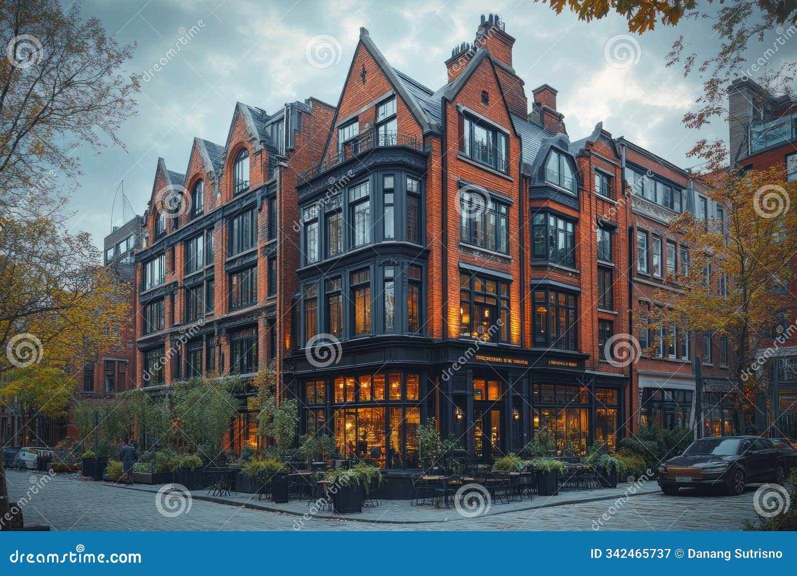A Charming Corner Building with a Storefront Lit Up at Dusk, Surrounded ...