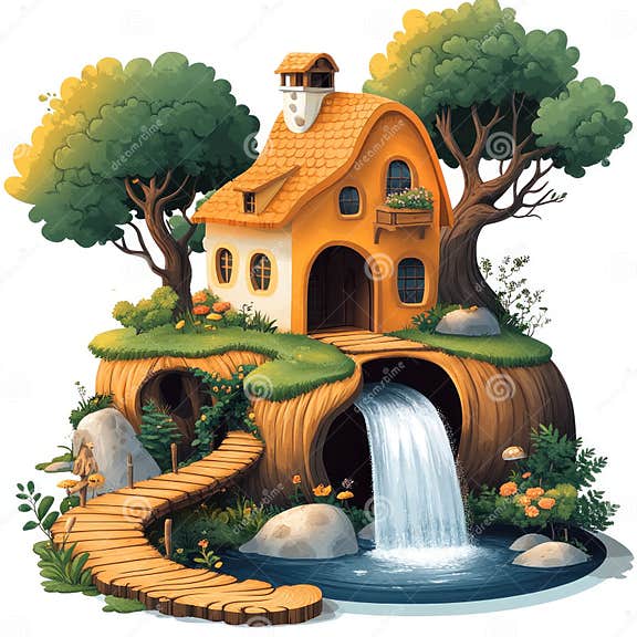 Charming Cottage Illustration with a Waterfall Stock Image - Image of ...