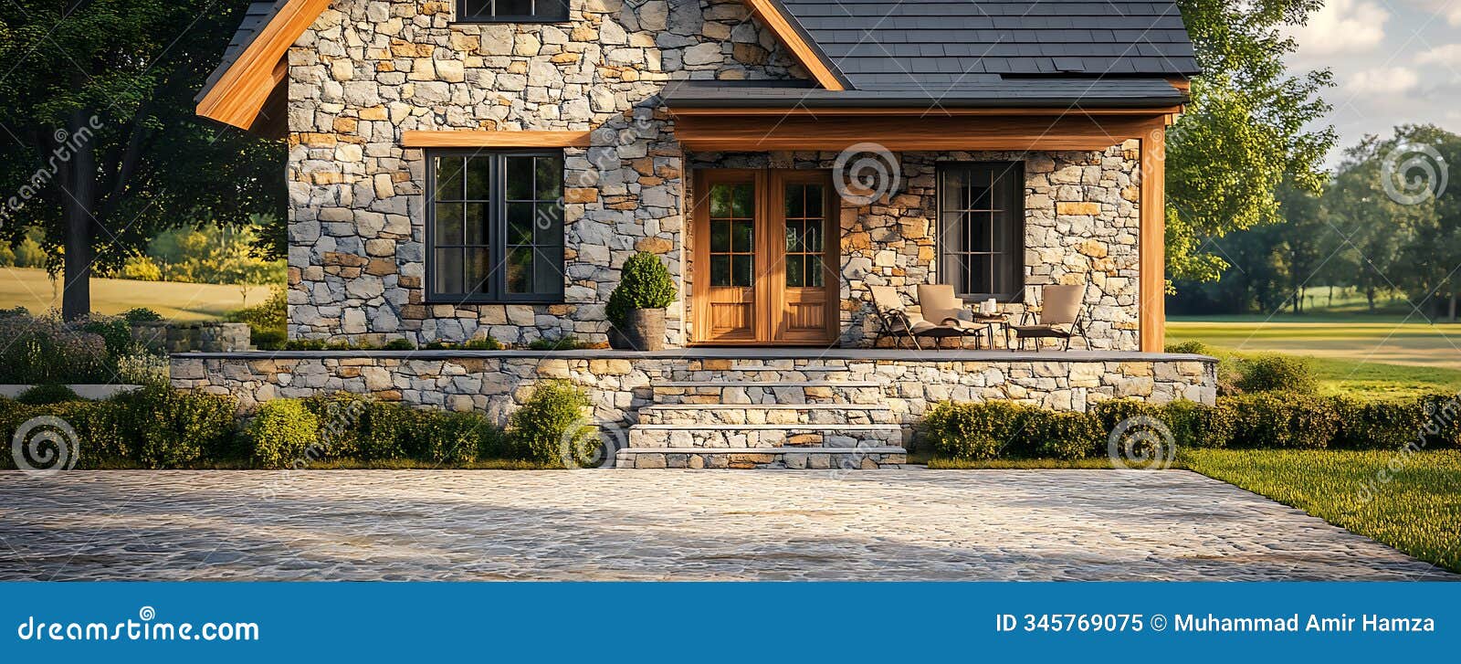 Charming Countryside House Front Elevation Mockup with Rustic Stone ...