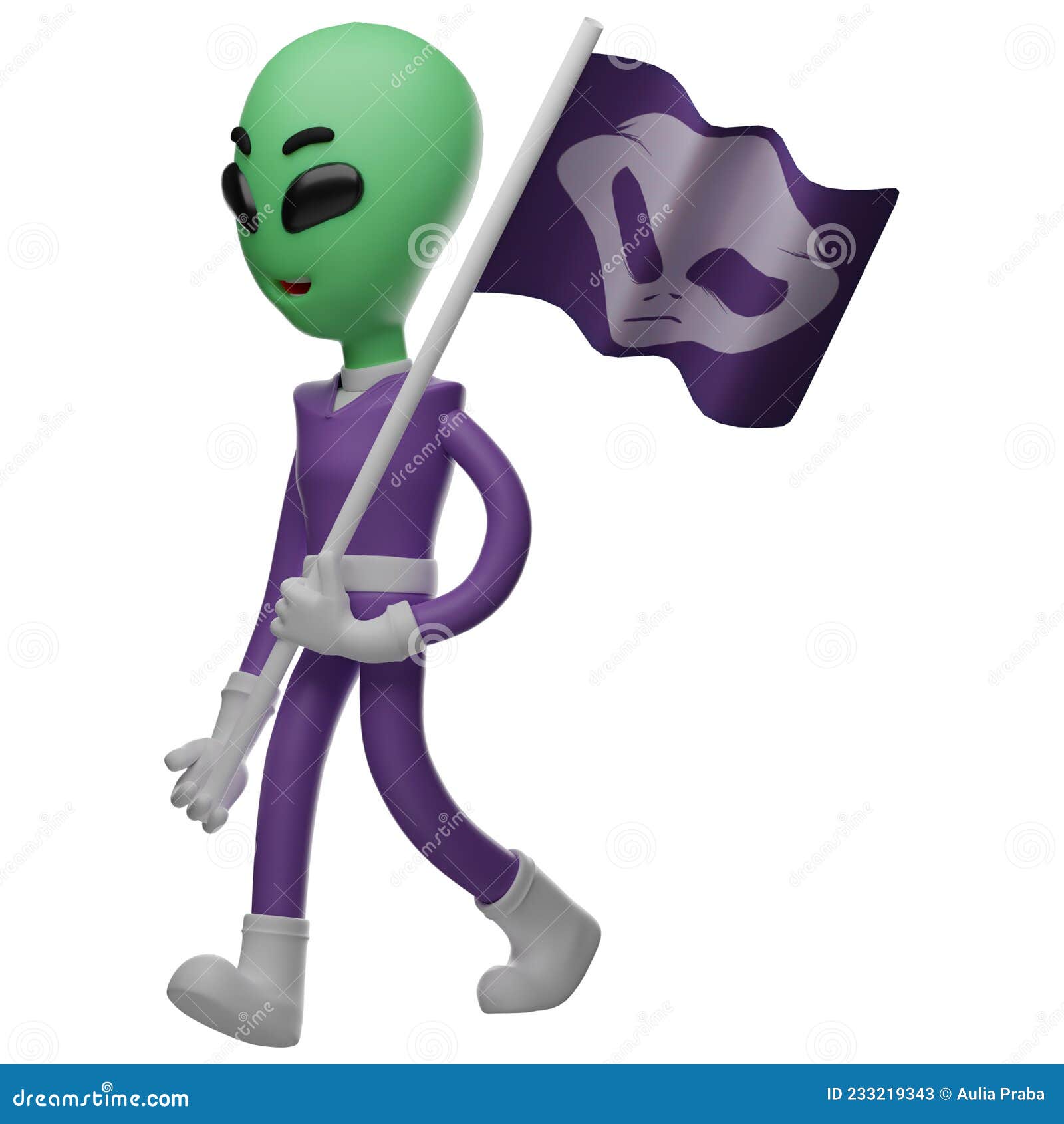Charming 3D Alien Cartoon Illustration with Holding a Flag Stock ...