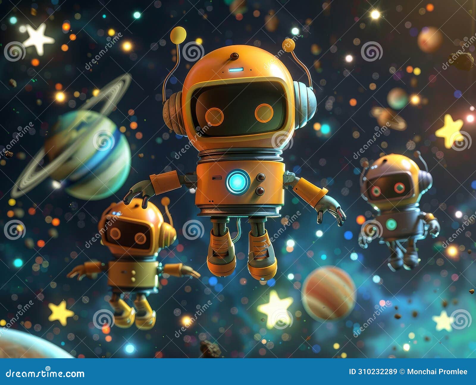 A Charming 3D Illustration of Friendly Robots Floating in Outer Space ...