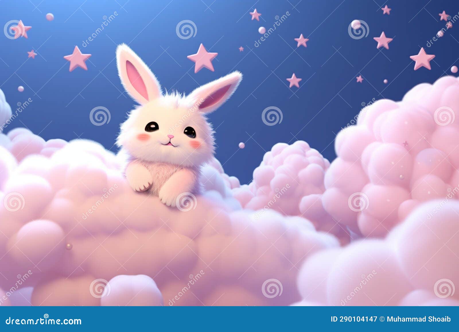 Charming 3D Kawaii Rabbit Under a Pastel Moon with Fluffy Clouds Stock ...