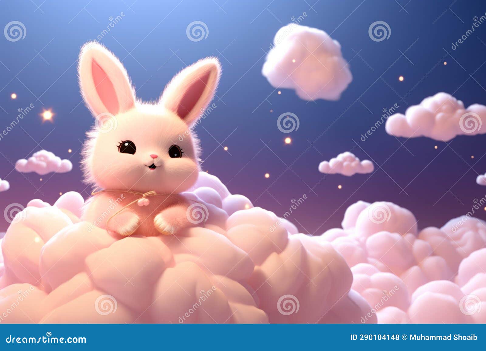 Charming 3D Kawaii Rabbit Under a Pastel Moon with Fluffy Clouds Stock ...