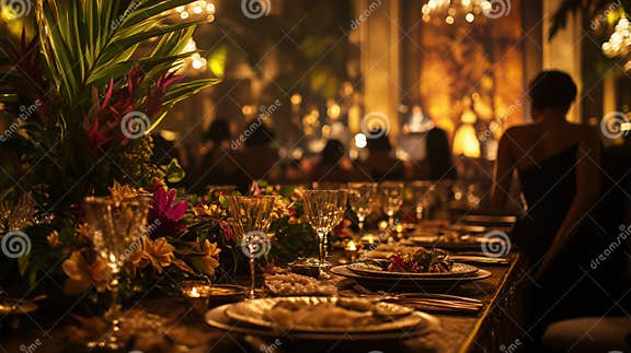 Charming Dinner Setup with Floral Arrangements and Dim Lighting ...