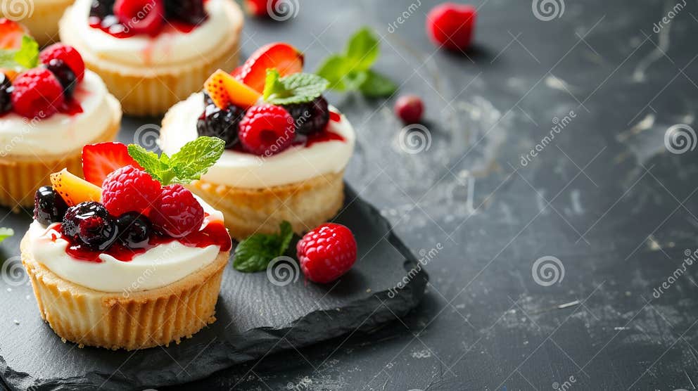 A Charming Display of Mini Cheesecakes Topped with Assorted Fruit ...
