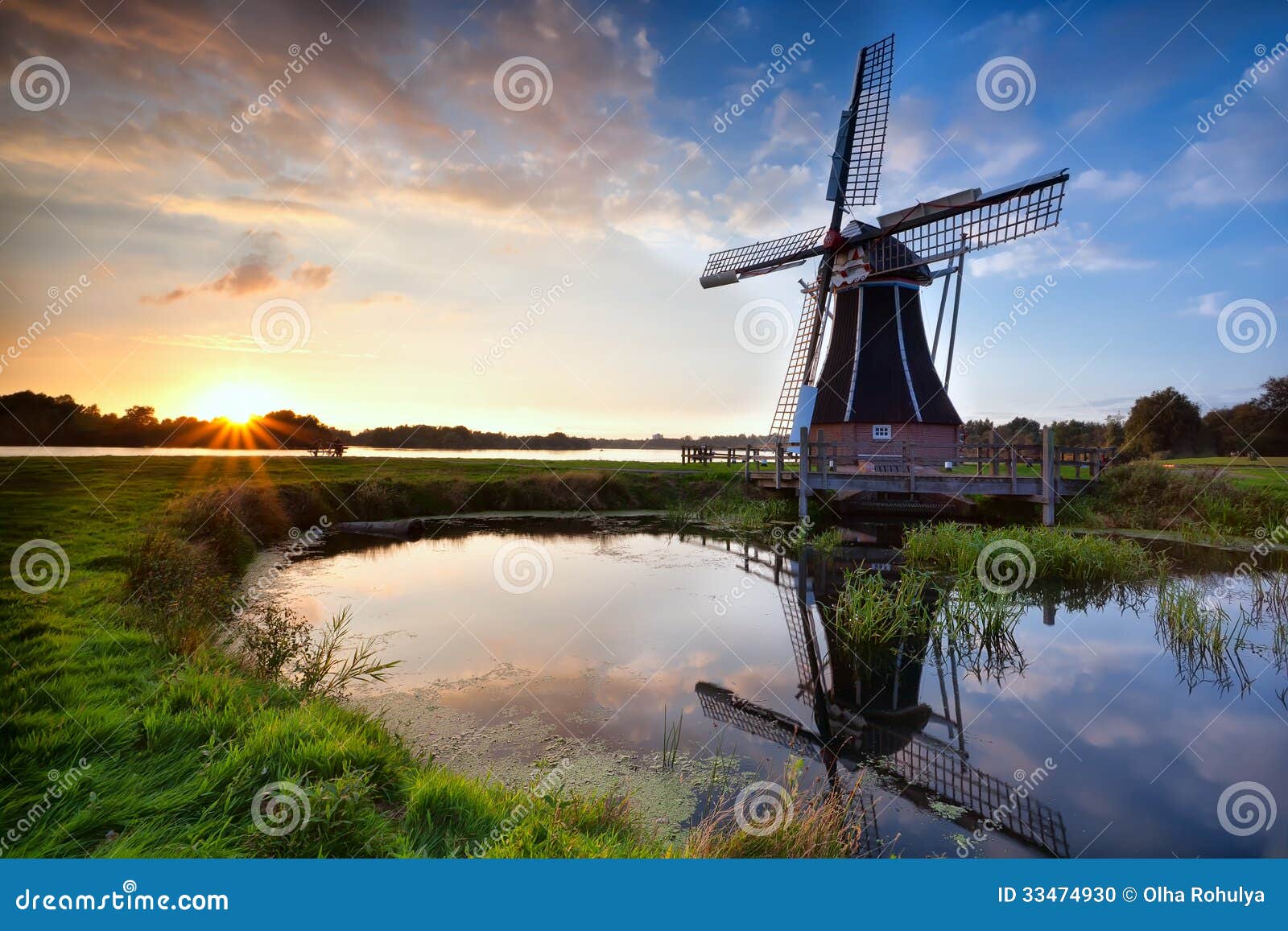 Charming Dutch Windmill at Sunset Stock Photo - Image of blue, scenery ...