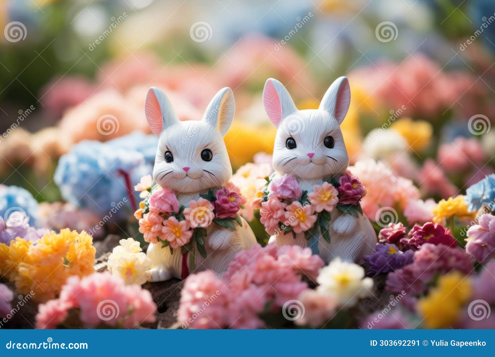 Charming Easter Bunny Figurines Nestled Amongst Blooming Spring Flowers ...