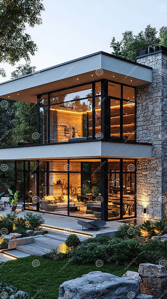 Charming Evening View of a Modern Architectural Gem with Rich Textures ...