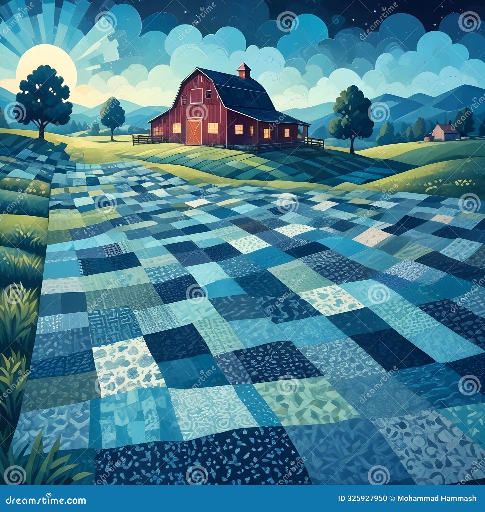 A Charming Farm Scene with a Red Barn Illuminated by the Setting Sun ...