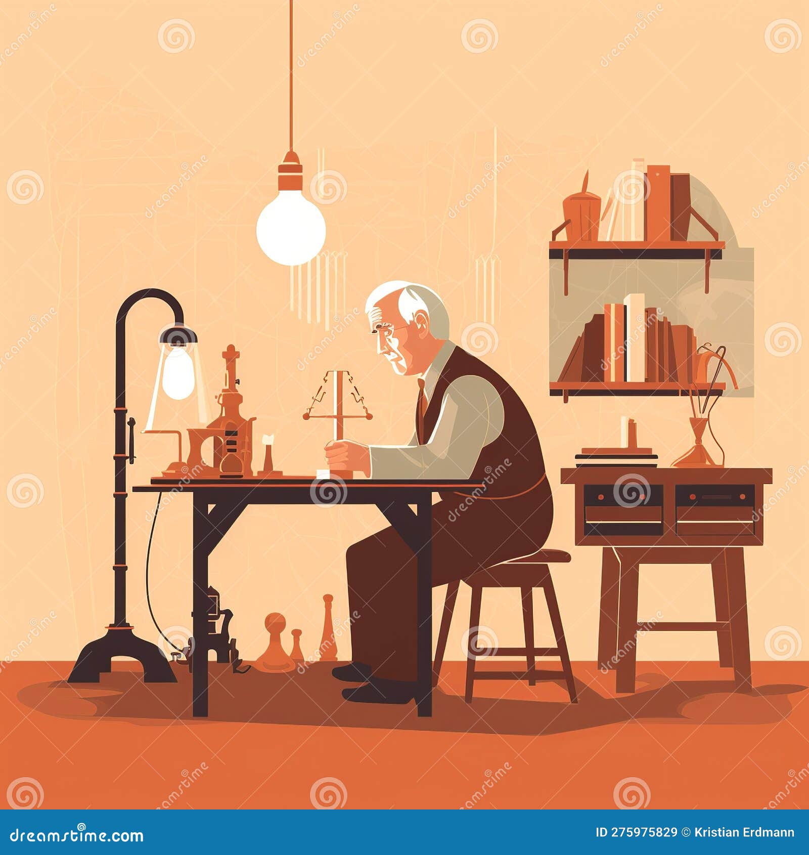 Thomas Edison Flat Illustration: Inventing Light Bulb in Lab, Second ...