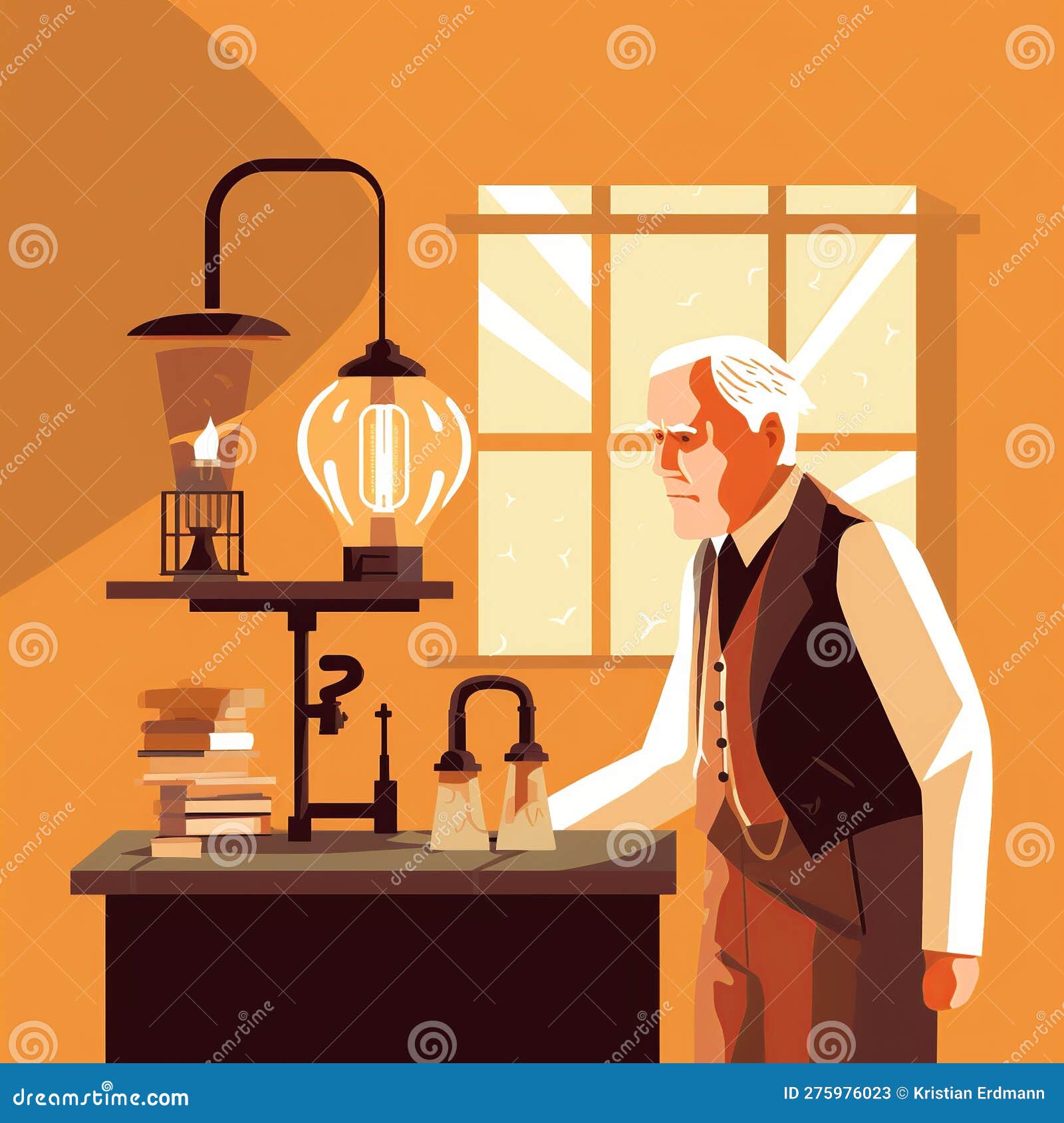 Thomas Edison Flat Illustration: Inventing Light Bulb in Lab, Second ...
