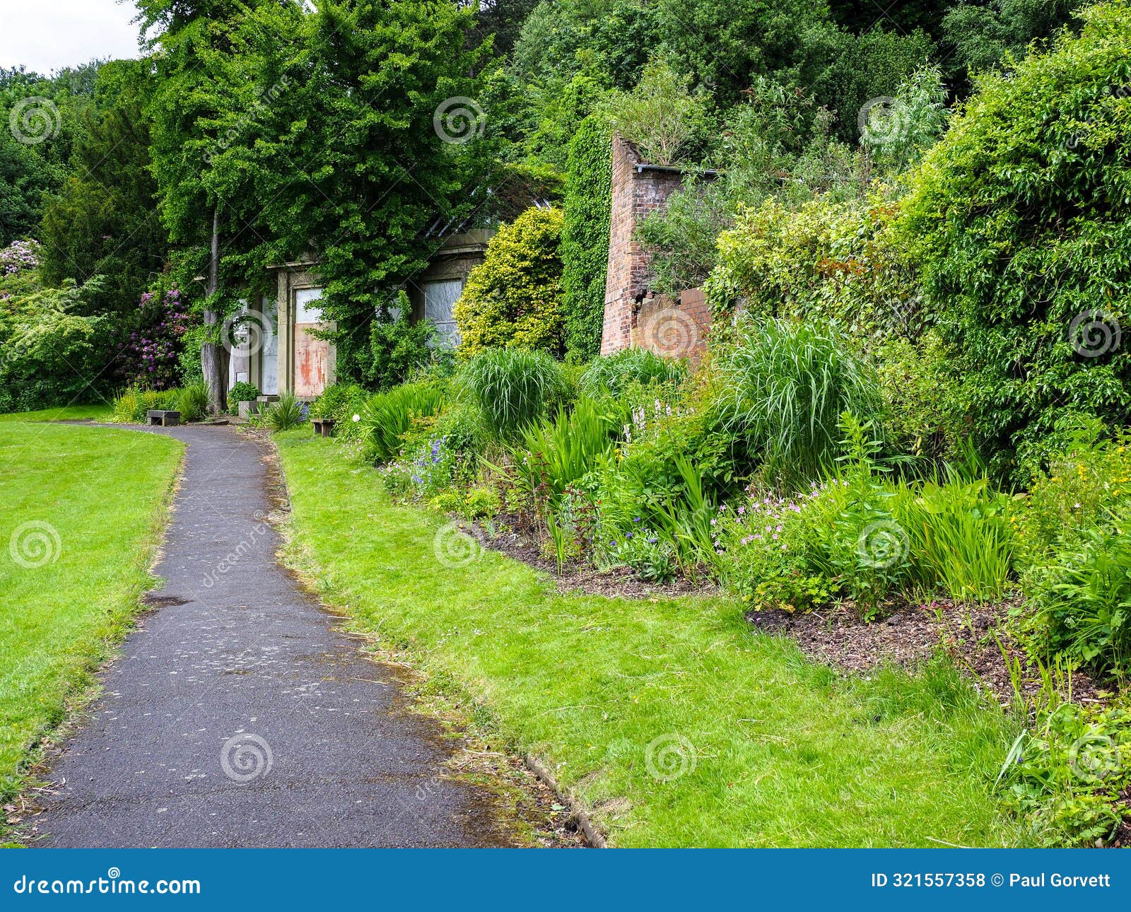 Charming Garden Path Surrounded by Lush Greenery and Rustic Brick Walls ...