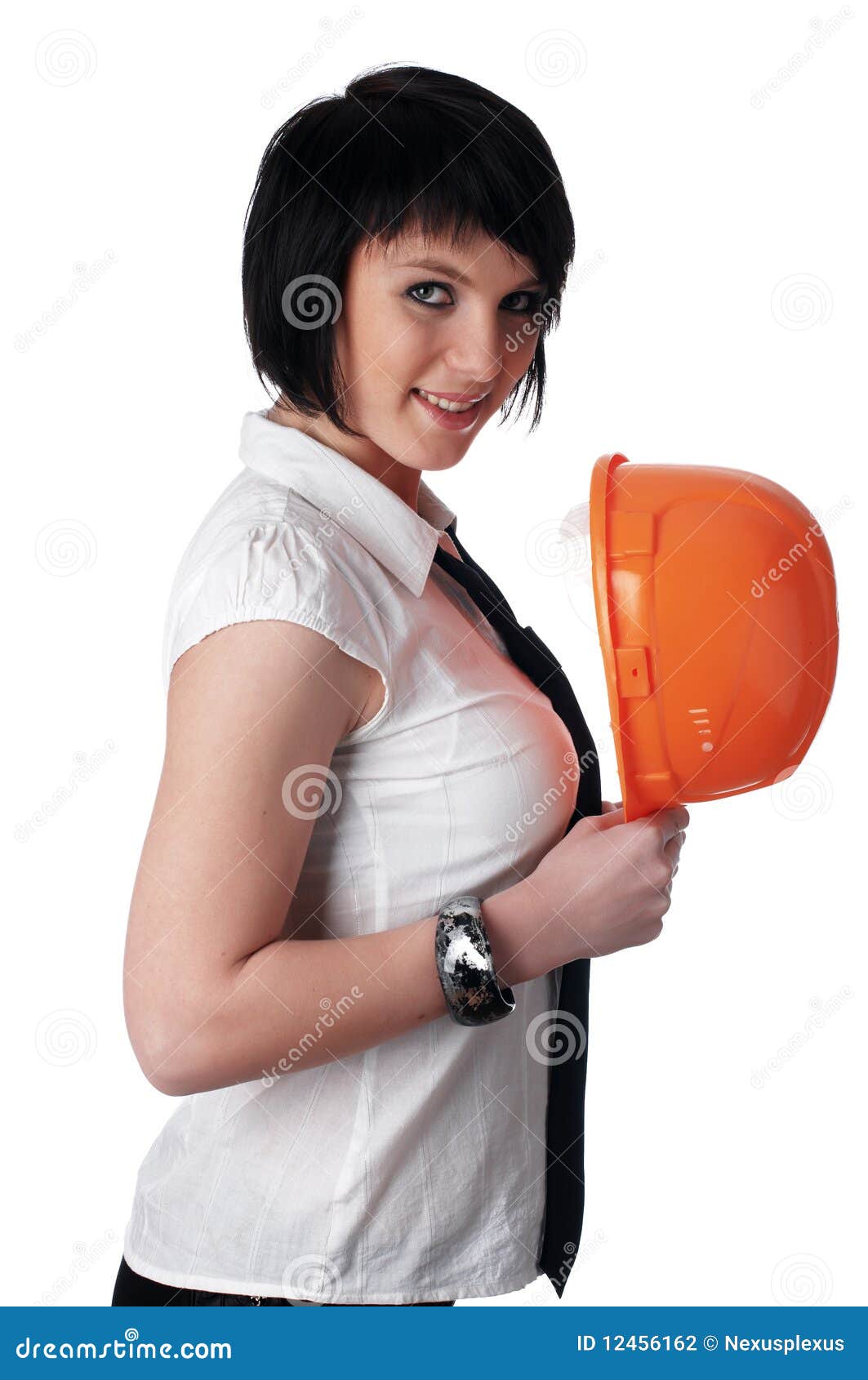 Charming girl the builder stock photo. Image of blueprints - 12456162